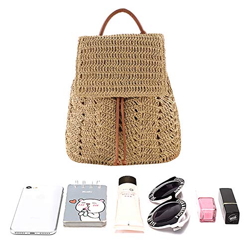 Kennedy Handwoven Flap Drawstring Straw Backpack Beach Backpack Purse for Women, Brown