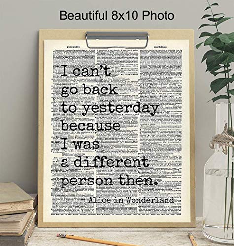 Alice Wonderland Quote - 8x10 Home decoration Photo Picture - Unique Wall Art, Room Decor for Bedroom, Living room, Office - Upcycled Dictionary Art or Gift for Women, Fan - UNFRAMED