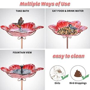 MUMTOP Bird Baths for Outdoors Glass Bird Bath Bowl Outdoor Bird Feeder Flower Pattern with Metal Stake for Garden, Yard and Lawn Decor (Red)