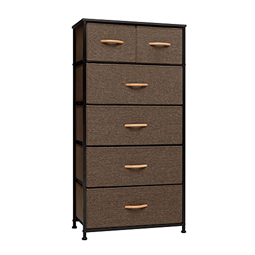 Crestlive Products Vertical Dresser Storage Tower - Sturdy Steel Frame, Wood Top, Easy Pull Fabric Bins, Wood Handles - Organizer Unit for Bedroom, Hallway, Entryway, Closets - 6 Drawers (Brown)