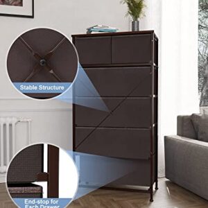 Crestlive Products Vertical Dresser Storage Tower - Sturdy Steel Frame, Wood Top, Easy Pull Fabric Bins, Wood Handles - Organizer Unit for Bedroom, Hallway, Entryway, Closets - 6 Drawers (Brown)