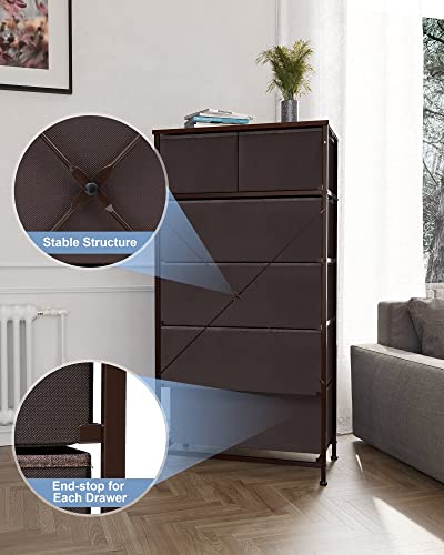 Crestlive Products Vertical Dresser Storage Tower - Sturdy Steel Frame, Wood Top, Easy Pull Fabric Bins, Wood Handles - Organizer Unit for Bedroom, Hallway, Entryway, Closets - 6 Drawers (Brown)