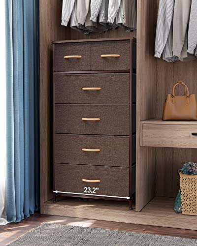 Crestlive Products Vertical Dresser Storage Tower - Sturdy Steel Frame, Wood Top, Easy Pull Fabric Bins, Wood Handles - Organizer Unit for Bedroom, Hallway, Entryway, Closets - 6 Drawers (Brown)