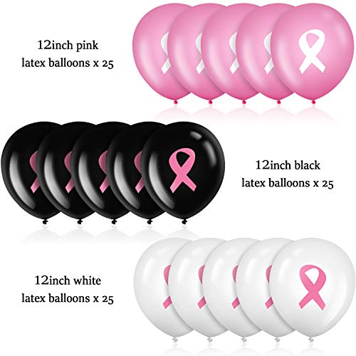 75 Pieces Breast Cancer Awareness Balloons 12 Inch Pink Ribbon Latex Balloons Round Party Balloons Party Supplies for Party Decoration, Pink, White and Black