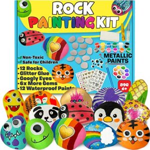 joyeza deluxe rock painting kit, arts and crafts for girls boys age 6+, 12 rocks, best tween gift art set, waterproof paints, craft kits art supplies, kids activities age 4 5 6 7 8 9 10