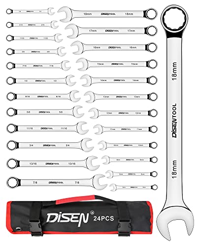 DISEN 24pcs Combination Wrench Set, Metric/SAE, IN/MM Wrench Set with Tool Roll,12 Point Combination Wrench, 7-18mm and 1/4-7/8" Box End and Open End Wrench Set, Drop Forged Steel