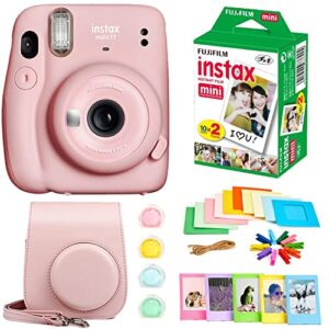 fujifilm instax mini 11 instant camera + instax mini twin pack film + hanging frames + plastic frames + case + close up filters - all inclusive bundle! (blush pink)