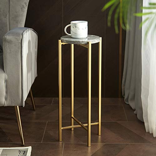 Urban Shop WK658006 Brown Marble Collapsible Side Accent Drink Table with Gold Metal Legs 12 in x 12 in x 13.5 in