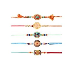 Eximious India Set of 5 Rakhi For Brother With Card Metal Pendant For Raksha Bandhan Designer Rakhi Thread for Bhaiya (Set of 5-2)