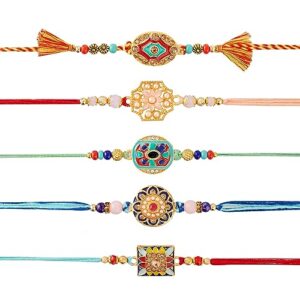 Eximious India Set of 5 Rakhi For Brother With Card Metal Pendant For Raksha Bandhan Designer Rakhi Thread for Bhaiya (Set of 5-2)