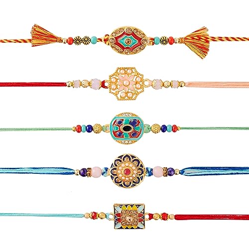 Eximious India Set of 5 Rakhi For Brother With Card Metal Pendant For Raksha Bandhan Designer Rakhi Thread for Bhaiya (Set of 5-2)