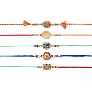 Eximious India Set of 5 Rakhi For Brother With Card Metal Pendant For Raksha Bandhan Designer Rakhi Thread for Bhaiya (Set of 5-2)