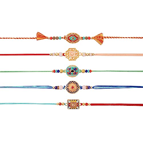 Eximious India Set of 5 Rakhi For Brother With Card Metal Pendant For Raksha Bandhan Designer Rakhi Thread for Bhaiya (Set of 5-2)