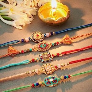 Eximious India Set of 5 Rakhi For Brother With Card Metal Pendant For Raksha Bandhan Designer Rakhi Thread for Bhaiya (Set of 5-2)