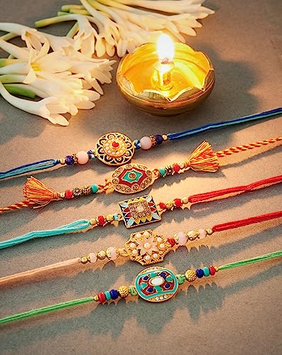 Eximious India Set of 5 Rakhi For Brother With Card Metal Pendant For Raksha Bandhan Designer Rakhi Thread for Bhaiya (Set of 5-2)