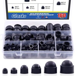 glarks 160pcs black bolt covers screw caps assortment kit, m4 m5 m6 m8 m10 m12 nylon acorn dome protection caps for protecting hexagon shaped screws bolts (black)