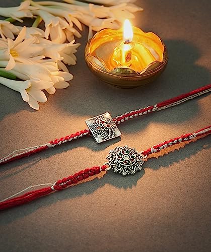 Eximious India Set of 2 Rakhi For Brother With Card Oxidised Silver Pendant For Raksha Bandhan Designer Rakhi Thread for Bhaiya 02