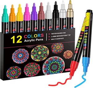 emooqi acrylic paint pens, set of 12 pcs paint markers pens for rocks, craft, ceramic, glass, wood, fabric, canvas -art crafting supplies