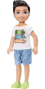 barbie club chelsea boy doll (6-inch brunette) wearing skateboard graphic shirt and shorts, for 3 to 7 year olds