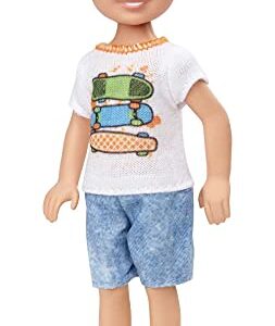 Barbie Club Chelsea Boy Doll (6-inch Brunette) Wearing Skateboard Graphic Shirt and Shorts, for 3 to 7 Year Olds