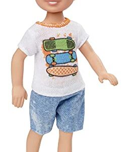 Barbie Club Chelsea Boy Doll (6-inch Brunette) Wearing Skateboard Graphic Shirt and Shorts, for 3 to 7 Year Olds