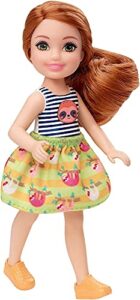 barbie club chelsea doll (6-inch) with red hair, wearing sloth graphic and skirt, for 3 to 7 year olds