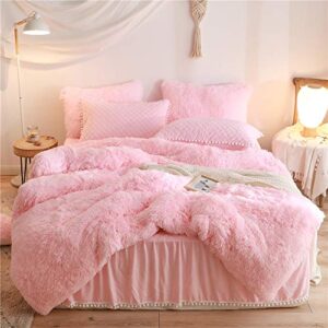 haihua luxury plush shaggy duvet cover flannel velvet bedding (1 faux fur +2 pillowcases) fluffy comforter bed sets 3 pieces,zipper closure (pink, queen)