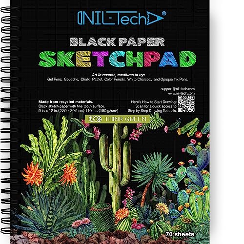 70 Sheets Premium Black Paper Sketchbook - 9 x 12 Inches (110lb/180gsm) Spiral Bound Black Drawing Mixed Media Paper for Gel Pens, Color Pencils, Chalk, Oil Pastels, and Glow in The Dark Paint