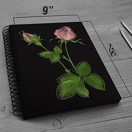 70 Sheets Premium Black Paper Sketchbook - 9 x 12 Inches (110lb/180gsm) Spiral Bound Black Drawing Mixed Media Paper for Gel Pens, Color Pencils, Chalk, Oil Pastels, and Glow in The Dark Paint