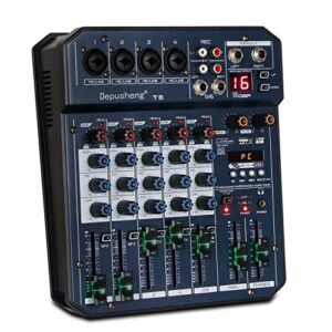 depusheng t6 audio mixer 6-channel dj sound controller interface with usb soundcard for pc recording, xlr microphone jack plus headphone jack, 5v usb power connect,fx 16bit dsp processor