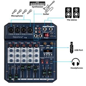 Depusheng T6 Audio Mixer 6-CHANNEL DJ Sound Controller Interface with USB Soundcard for PC Recording, XLR Microphone Jack PLUS HEADPHONE JACK, 5V USB Power CONNECT,FX 16Bit DSP Processor