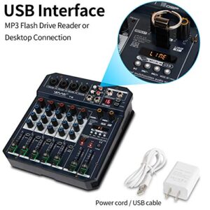 Depusheng T6 Audio Mixer 6-CHANNEL DJ Sound Controller Interface with USB Soundcard for PC Recording, XLR Microphone Jack PLUS HEADPHONE JACK, 5V USB Power CONNECT,FX 16Bit DSP Processor