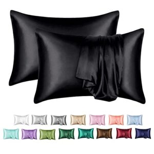 mr&hm satin pillowcase for hair and skin, silk satin pillowcase 2 pack, standard size pillow cases set of 2, silky pillow cover with envelope closure (20x26, black)