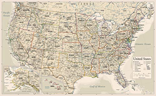 Antique Style USA Map - Wall Chart Map of The United States of America - Made in The USA - Updated (LAMINATED, 18" x 29")