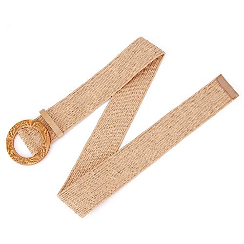 Women Belts For Dresses, Elastic Straw Rattan Waist Band With Large Buckle