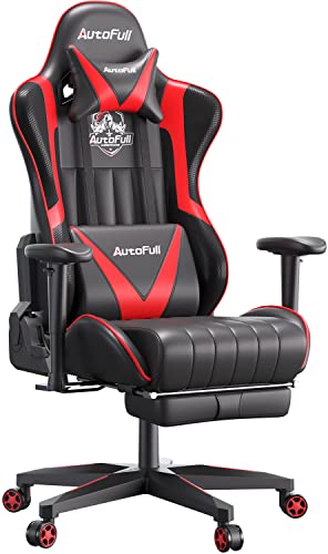 AutoFull C3 Gaming Chair Office Chair Ergonomic Computer Gaming Chair PU Leather with Headrest and Lumbar Support High Back Adjustable Racing Gaming Chair with Footrest(Red)