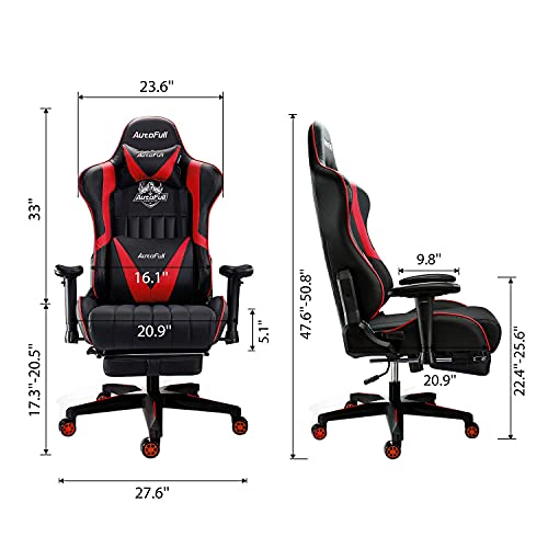 AutoFull C3 Gaming Chair Office Chair Ergonomic Computer Gaming Chair PU Leather with Headrest and Lumbar Support High Back Adjustable Racing Gaming Chair with Footrest(Red)