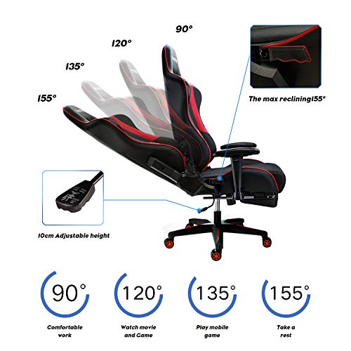 AutoFull C3 Gaming Chair Office Chair Ergonomic Computer Gaming Chair PU Leather with Headrest and Lumbar Support High Back Adjustable Racing Gaming Chair with Footrest(Red)