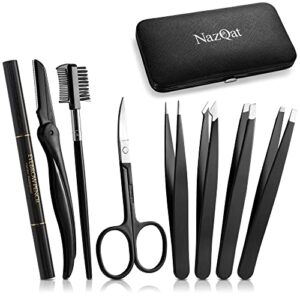 exquisite eyebrow kit - 8 in 1 - eyebrow tweezer kit 4 pcs - eyebrow shaping kit - multipurpose eyebrow grooming kit - eyebrow razor, eyebrow brush and comb, pencil, eyebrow scissors in padded case