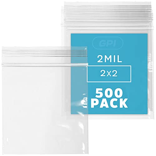 Clear Plastic RECLOSABLE Zip Bags - Bulk GPI Pack of 500 2" x 2" 2 mil Thick Strong & Durable Poly Baggies with Resealable Zip Top Lock for Travel, Storage, Packaging & Shipping.