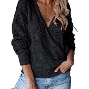 MEROKEETY Womens Deep V Neck Wrap Sweaters Long Sleeve Crochet Knit Pullover Tops, Black, Large