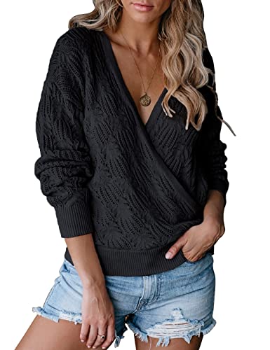 MEROKEETY Womens Deep V Neck Wrap Sweaters Long Sleeve Crochet Knit Pullover Tops, Black, Large