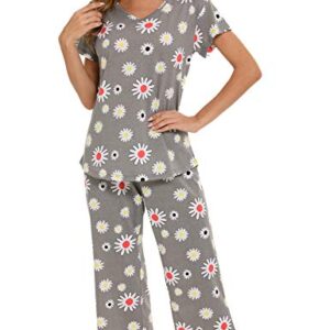 ENJOYNIGHT Women's Pajama Short Sleeve Sets Top with Capri Pants Sleepwear Sets Loungewear(X-Large,Flower)