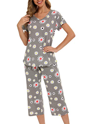 ENJOYNIGHT Women's Pajama Short Sleeve Sets Top with Capri Pants Sleepwear Sets Loungewear(X-Large,Flower)