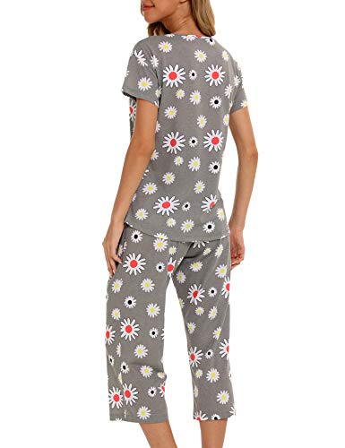 ENJOYNIGHT Women's Pajama Short Sleeve Sets Top with Capri Pants Sleepwear Sets Loungewear(X-Large,Flower)