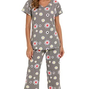 ENJOYNIGHT Women's Pajama Short Sleeve Sets Top with Capri Pants Sleepwear Sets Loungewear(X-Large,Flower)