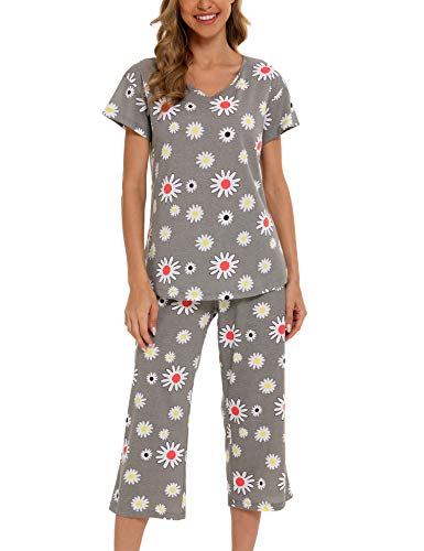 ENJOYNIGHT Women's Pajama Short Sleeve Sets Top with Capri Pants Sleepwear Sets Loungewear(X-Large,Flower)