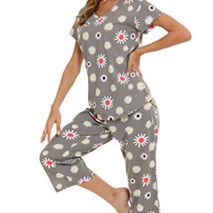 ENJOYNIGHT Women's Pajama Short Sleeve Sets Top with Capri Pants Sleepwear Sets Loungewear(X-Large,Flower)