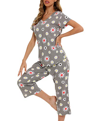 ENJOYNIGHT Women's Pajama Short Sleeve Sets Top with Capri Pants Sleepwear Sets Loungewear(X-Large,Flower)