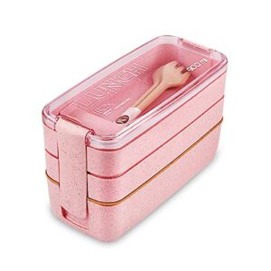 iteryn bento adults lunch box, stackable bento box, 3-in-1 compartment - wheat straw, leakproof bento lunch box meal prep containers